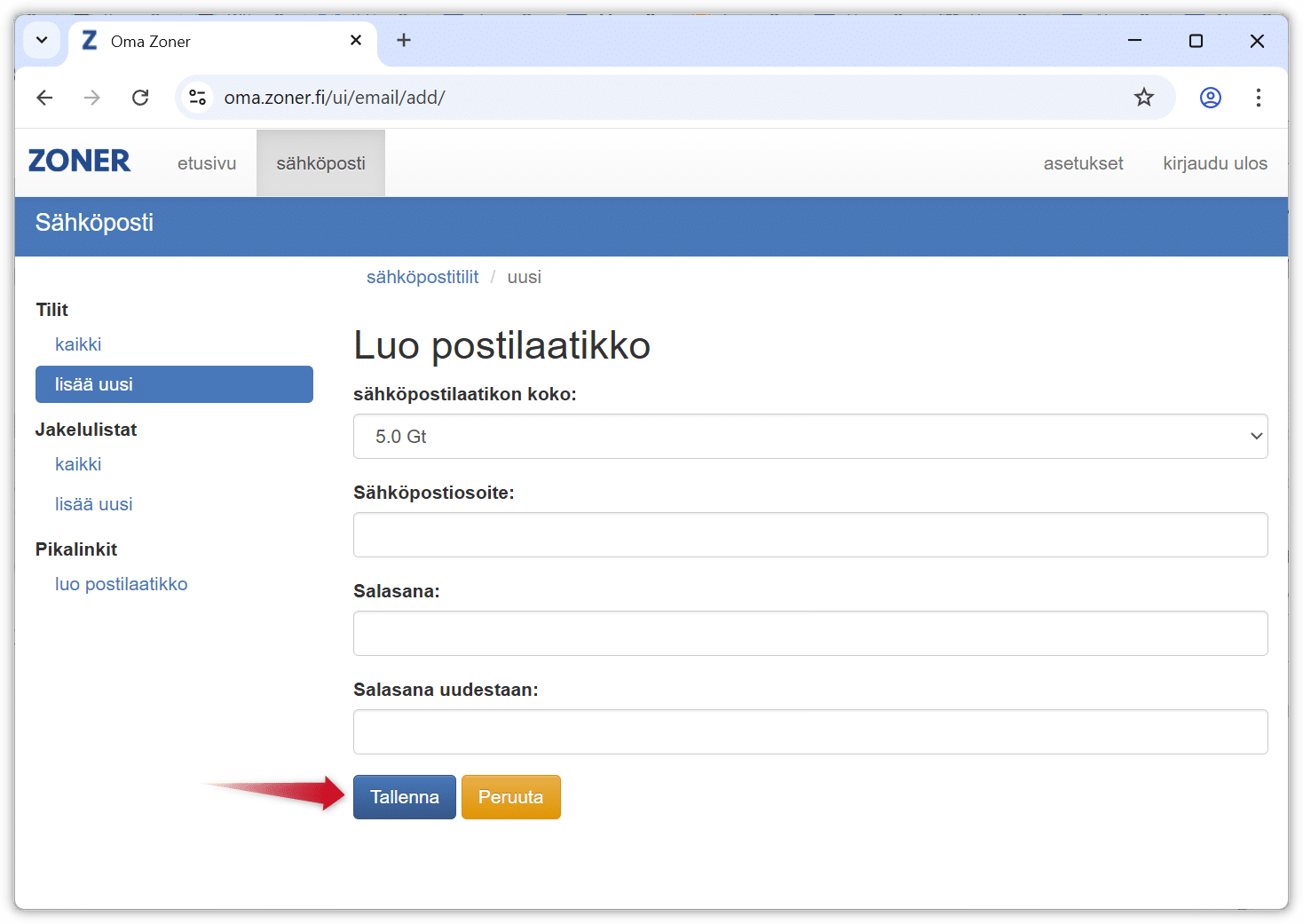 Zoner Kotisivukone -paketin sähköposti ja uuden sähköpostilaatikon ...